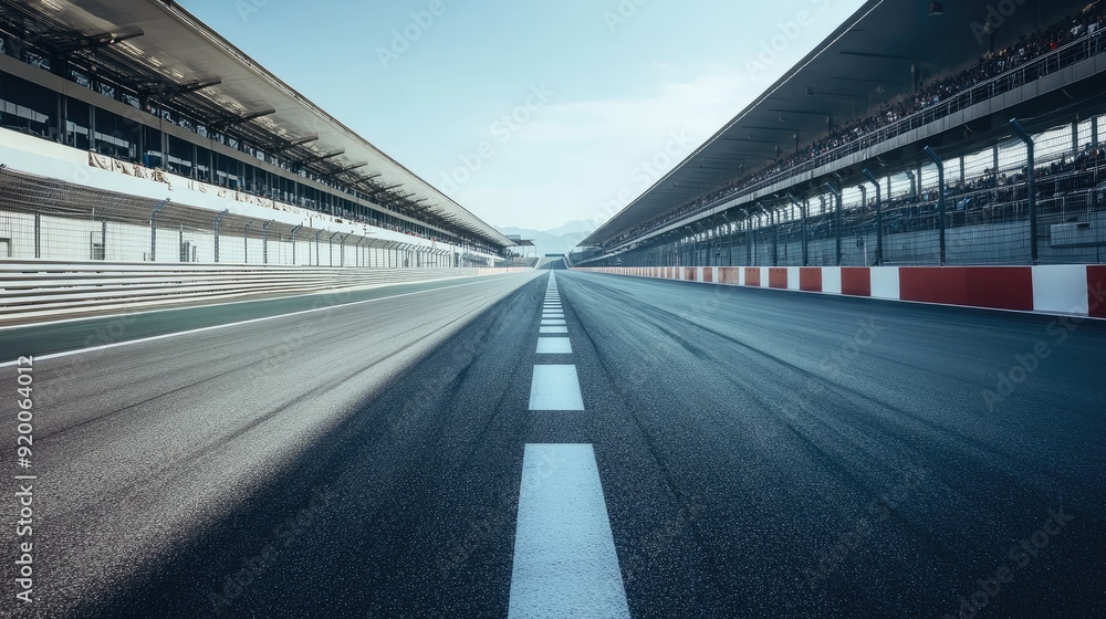 Long, empty straight of a racetrack disappearing into the horizon, with ...
