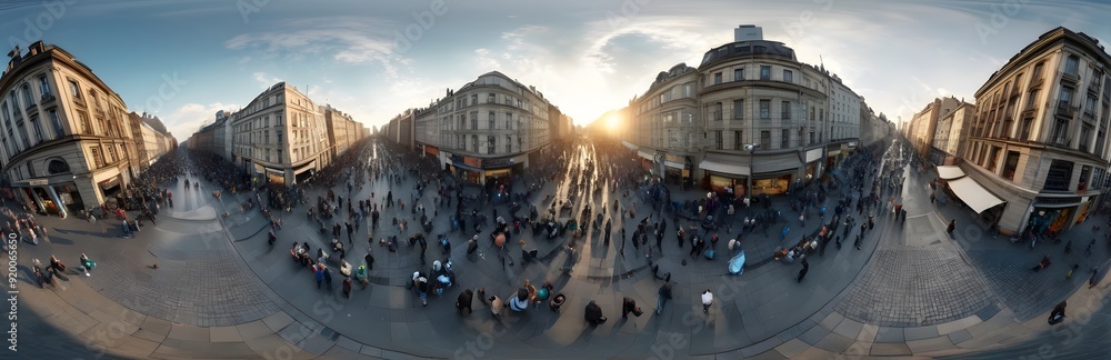 360 degree top view of crowd people in city street. HDRI spherical ...