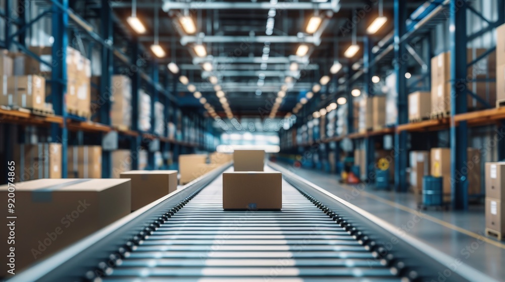 The interior of a high-capacity warehouse with automated sorting and ...