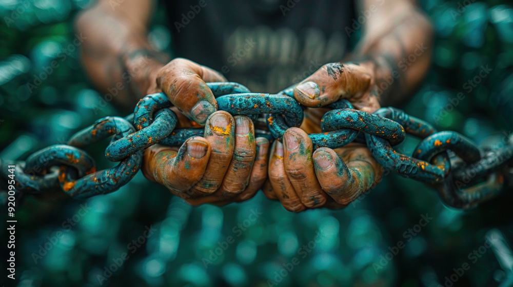 Broken Chains: A person breaks chains made of bottles, symbolizing ...