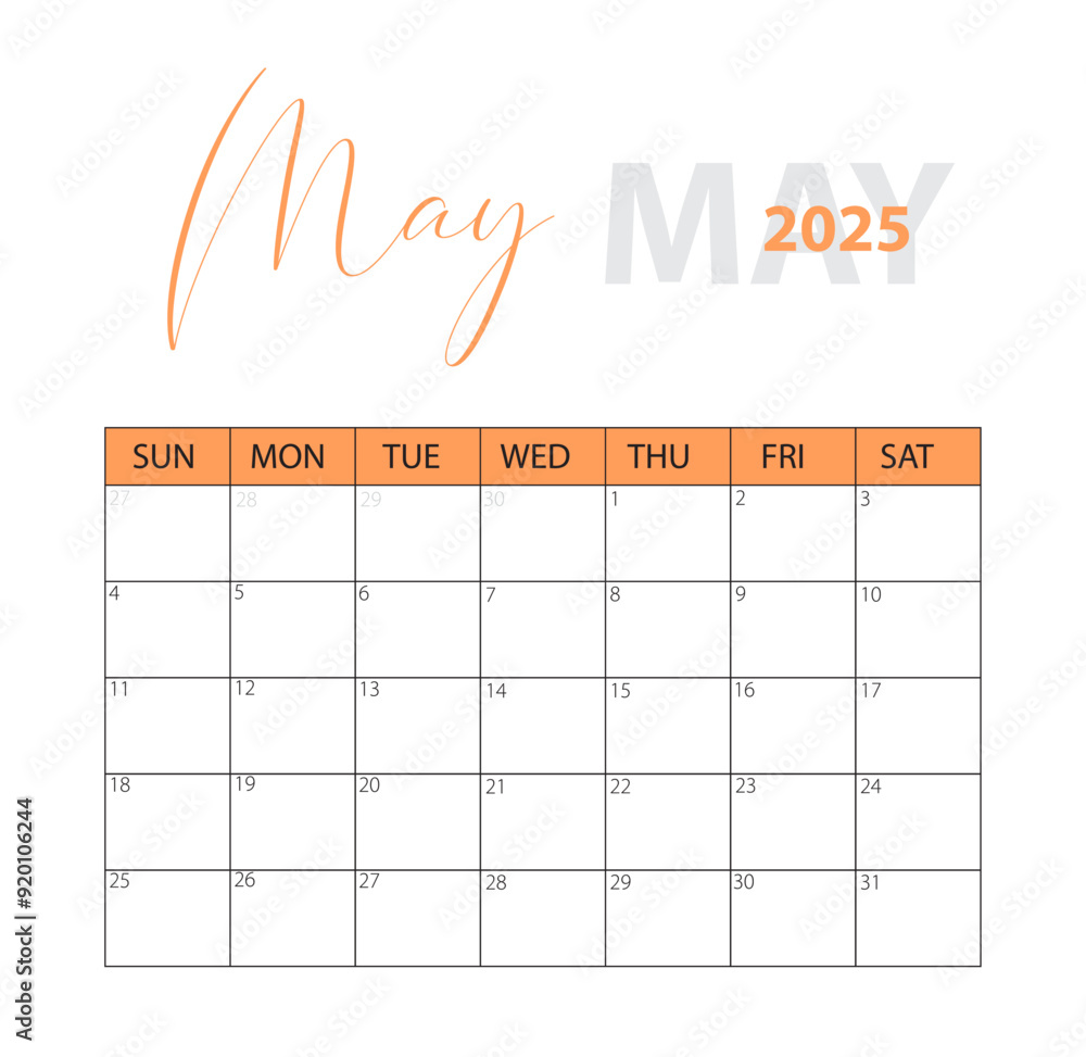 May 2025 Calendar. Vector calendar. Week starts sunday. Calendar ...