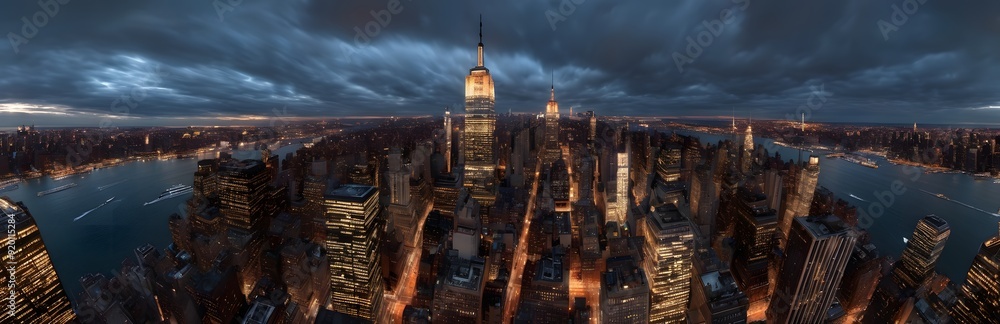 Ilustración de Stock 360 degree Manhattan skyscrapers lights, New York ...