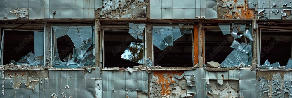 Devastated building remains with shattered windows and destruction ...
