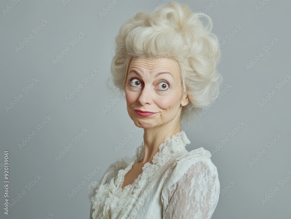 Victorian woman in white wig and dress with crazy expression. Surprise ...