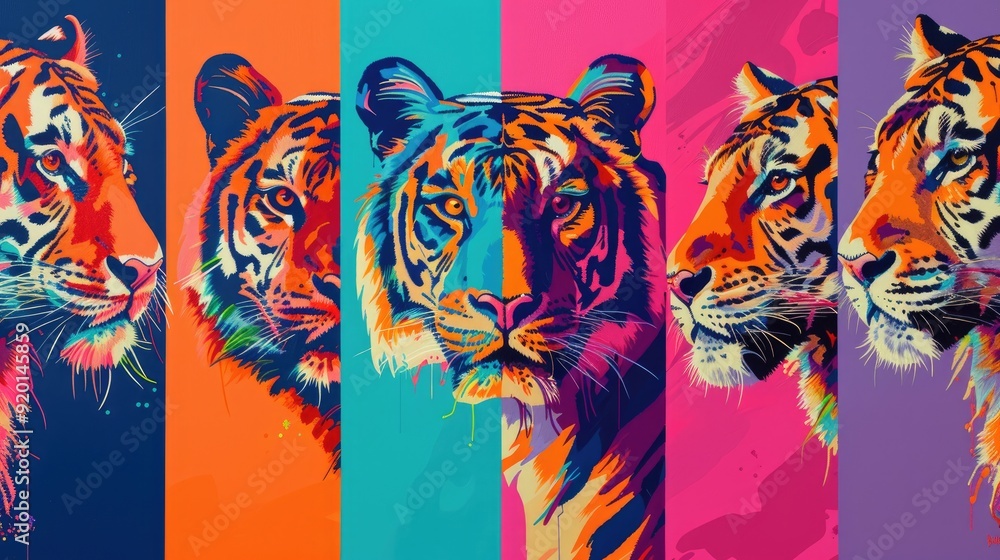 Five vibrant and colorful tiger portraits in a collage. Each tiger is ...