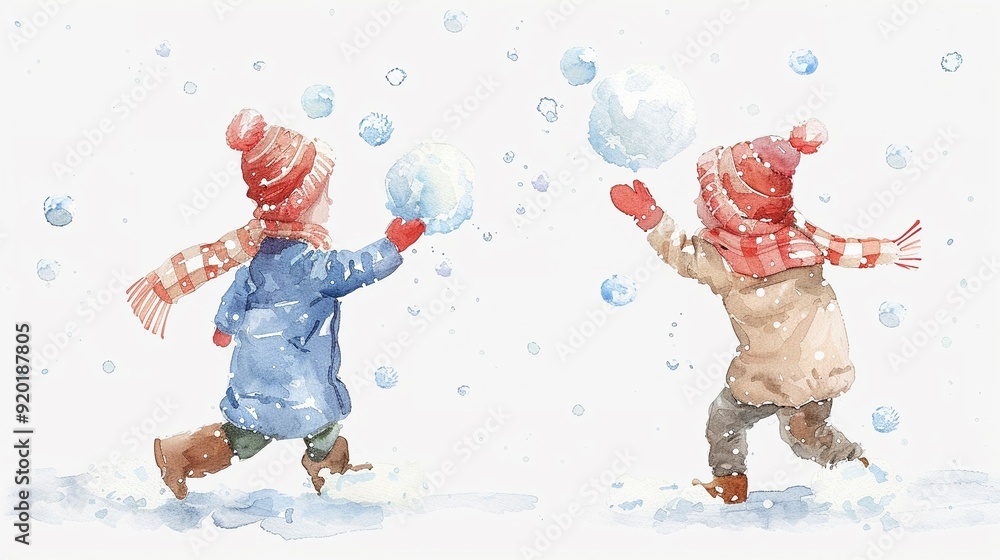 Having a snowball fight in winter scenes,Clipart, watercolor ...