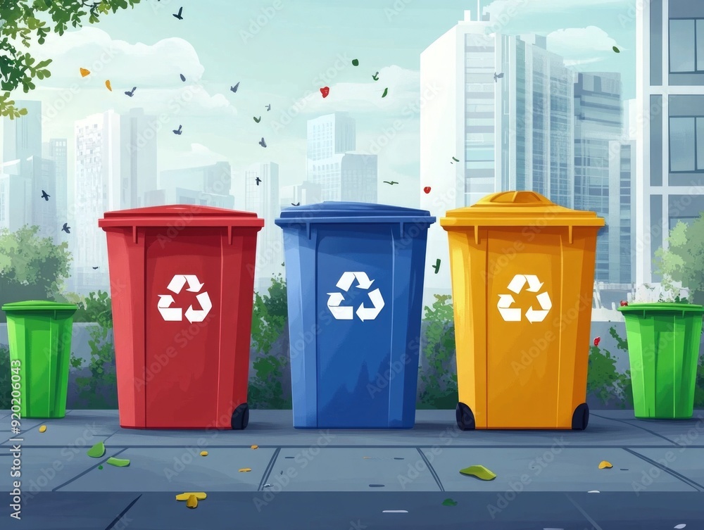 Flat design of waste segregation bins with clear labeling and color coding to promote proper ...