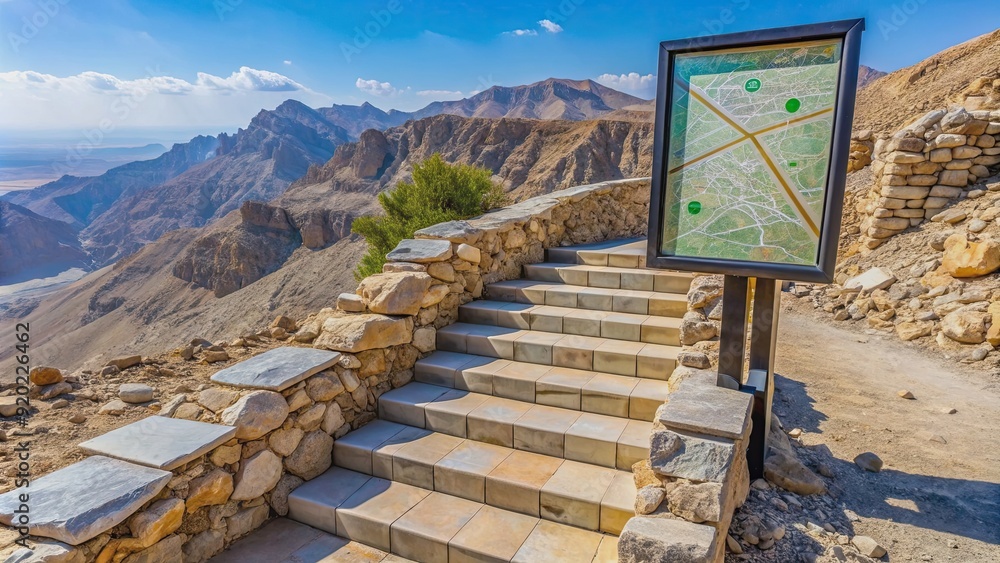 Tourist information board at Jebel Jais hiking trails featuring a map ...