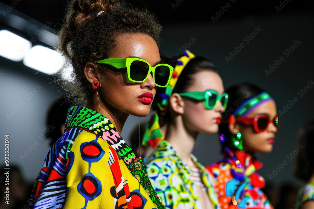 Three blonde supermodels wearing colorful suits with sunglasses ...