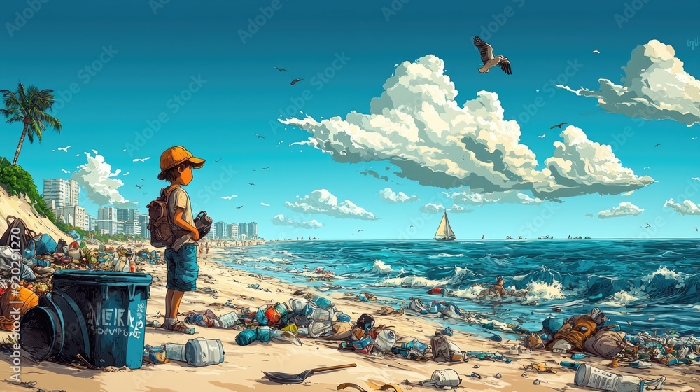 Eco-Friendly Cartoon Characters Working Together to Clean Up a Polluted ...