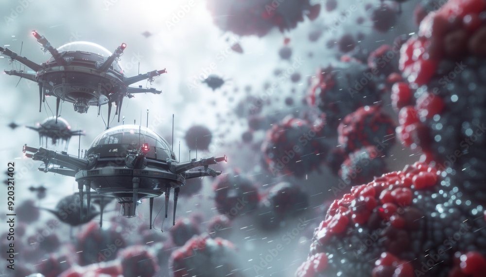 Futuristic spacecraft exploring a vibrant microcosm filled with dynamic ...