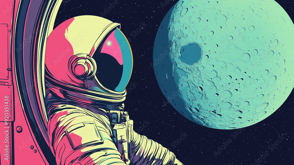 Pop art concept astronaut looks at the discovered planet through the ...
