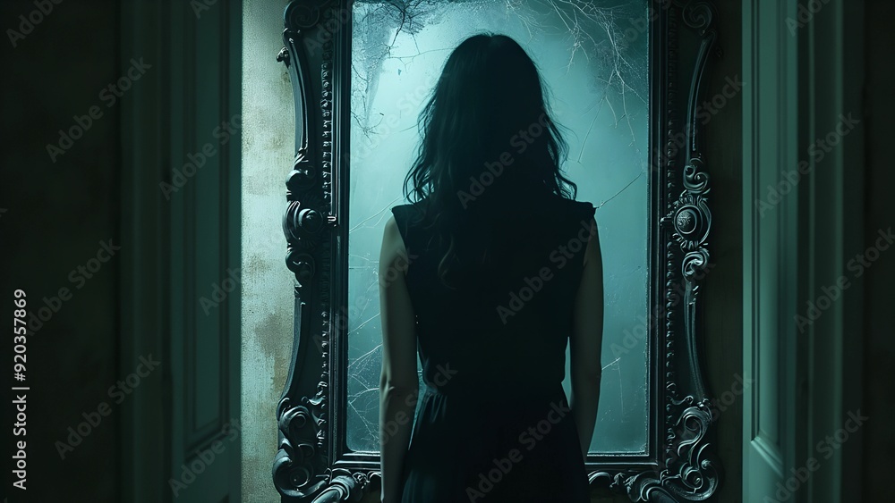 Haunting Reflection: Woman Facing Cracked Mirror in Eerie Glow Stock ...
