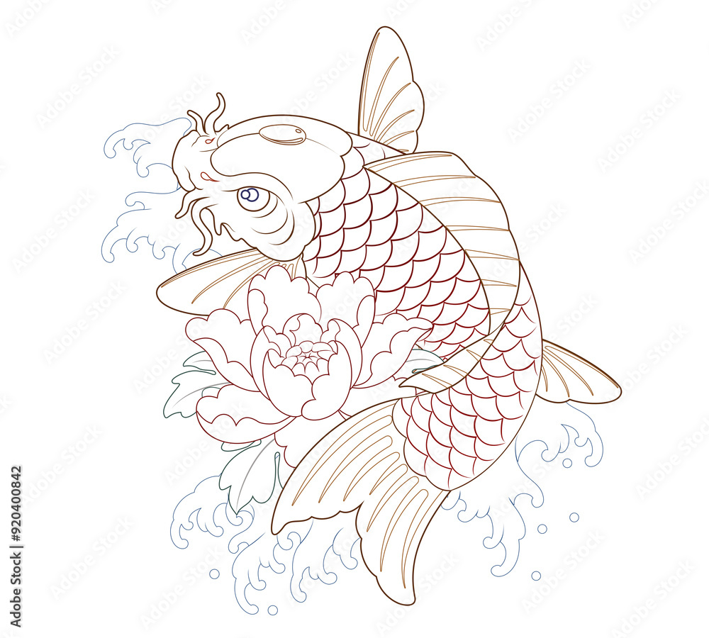 Koi Irezumi line illustration, koi fish, line work completed. Oriental ...