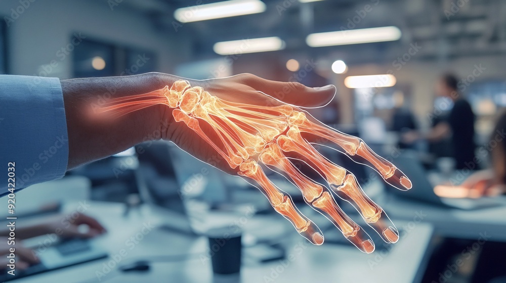 Ilustración de Stock 240805 03. Hand pain visualization at modern office space. Carpal tunnel ...