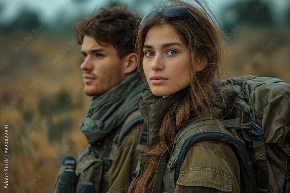 young man and woman on military program wearing camouflage soldier ...