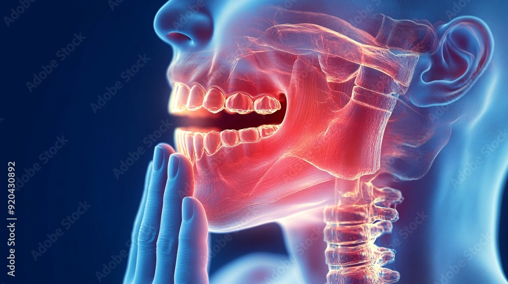 240805 58. Close-up of person clutching painful jaw in bedroom setting ...