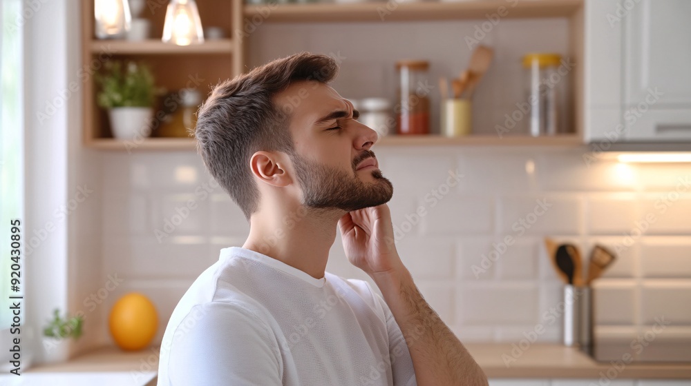 240805 59. Side view of individual grimacing with jaw pain in kitchen. Temporomandibular joint ...
