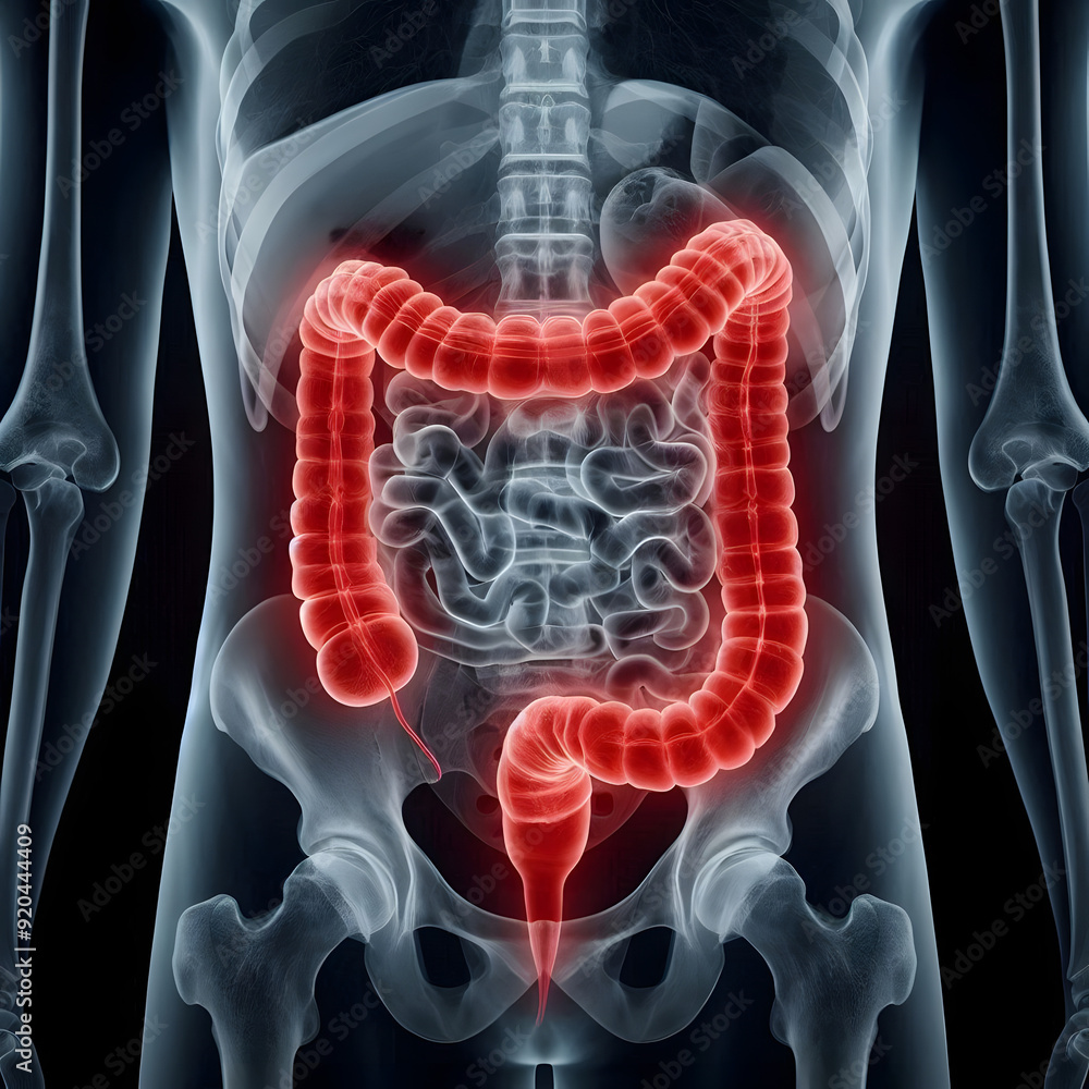 Digestive System X-ray with Red Highlight | An X-ray image showing the ...