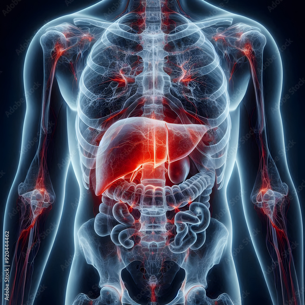 X-ray of Liver with Red Highlight | X-ray image showing the liver and ...