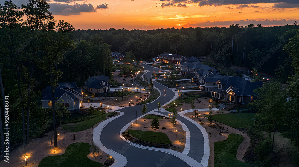 Scenic Dusk View of a New Neighborhood with Solar-Powered Streetlights ...