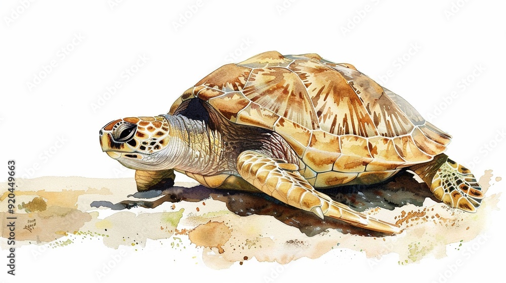 Loggerhead turtle crawling on the sand,Clipart, watercolor illustration ...