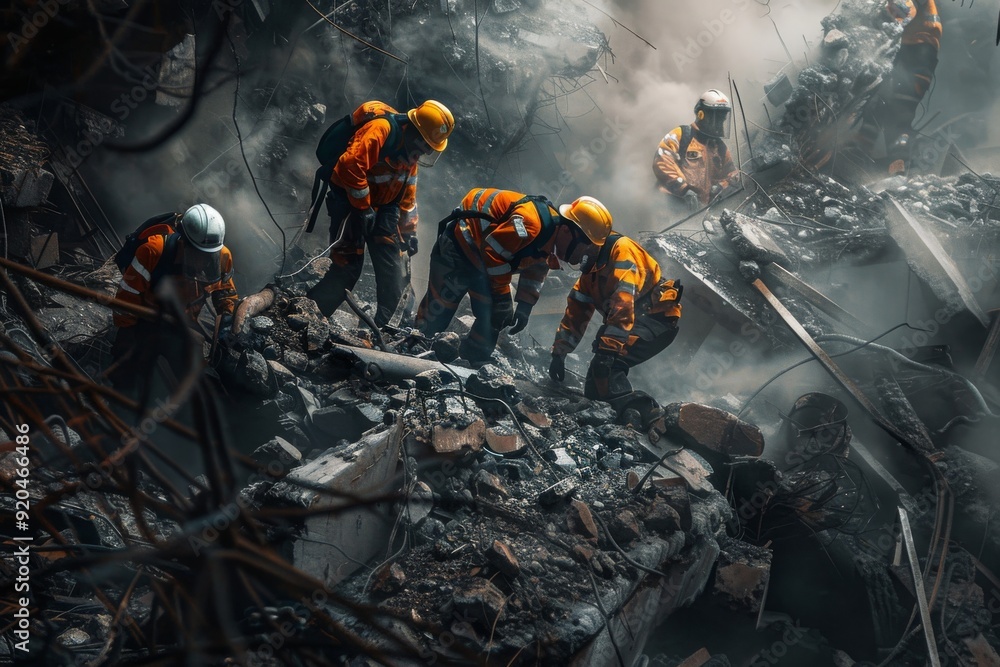 Rescuers searching for survivors amid the chaos, A group of men in ...