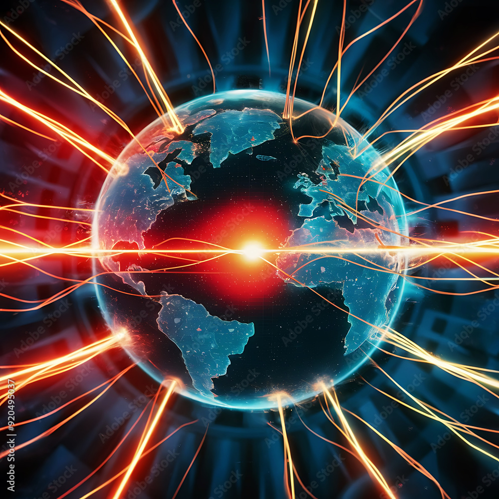 ech backdrop featuring glowing fiber optic links, quantum computing network, and electronic ...