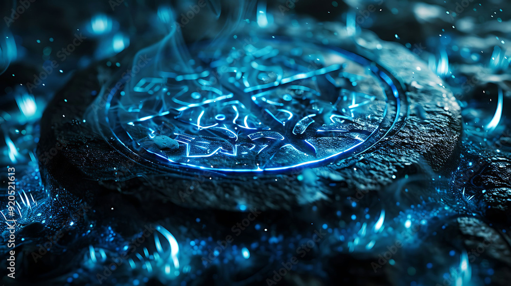 Enigmatic glowing blue runes on a black background, creating a ...
