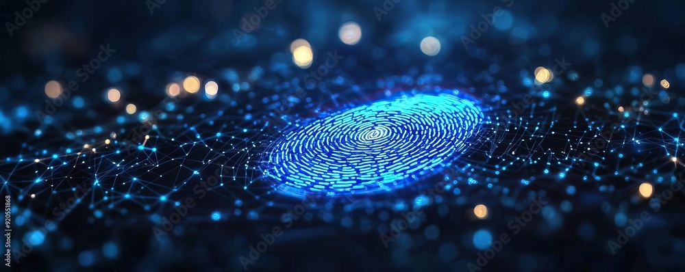Biometric fingerprint scanner glowing with blue light, against a dark ...