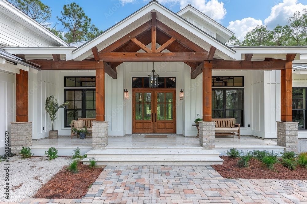 Elegant modern farmhouse front porch with white vertical siding, wooden ...