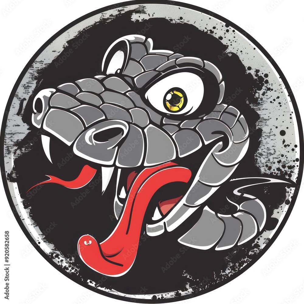 A cartoon snake head with a red tongue sticking out and a yellow eye is ...