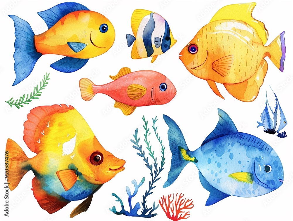 Underwater clipart with colorful fish,Clipart, watercolor illustration ...