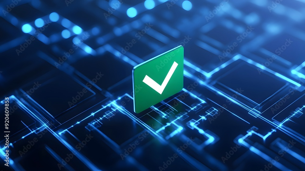 Digital check mark icon on a futuristic circuit board, representing ...