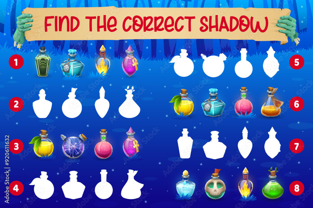 Halloween kids game. Find a correct shadow of potion bottles puzzle ...