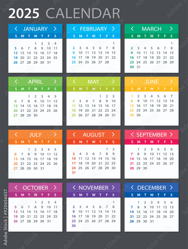 Vector de Stock 2025 Calendar - illustration. Template. Mock up Week starts Sunday. Vector ...