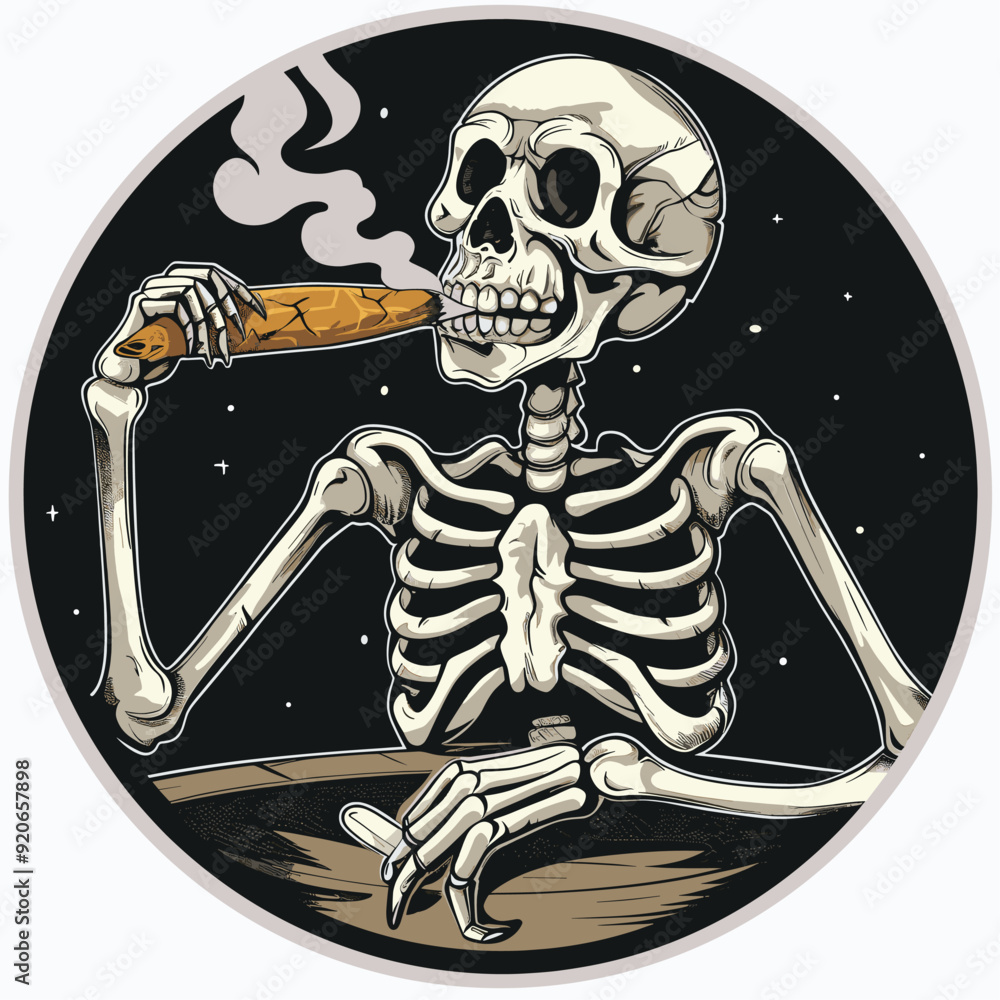 Skeleton smoking a blunt with smoke curling up, in a circular black and ...