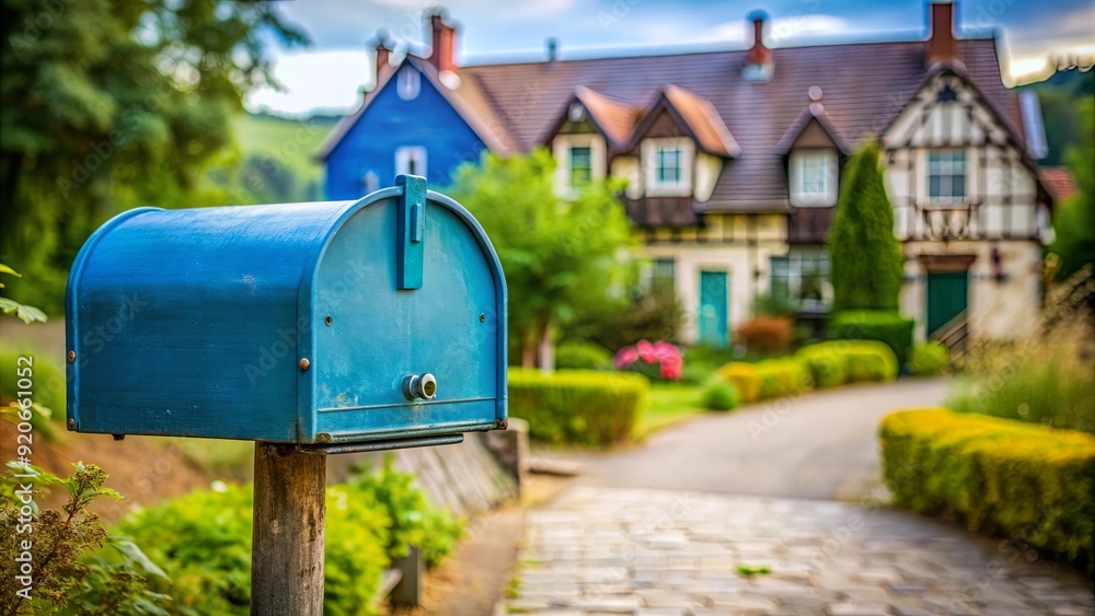 Vintage blue mailbox standing in a small village with a blurred ...
