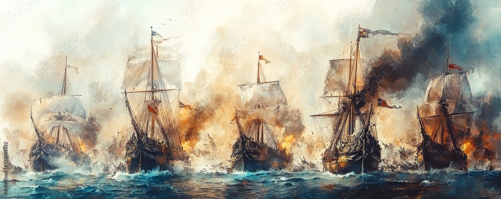 Historic naval warfare scene with sailing ships engulfed in fire and ...