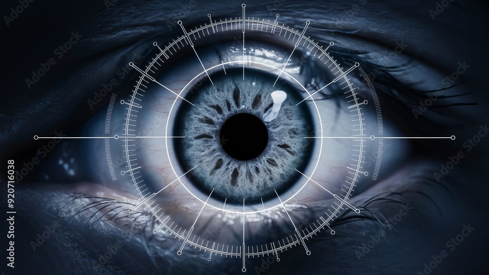 close-up of a human eyes Superimposed over the eye are circular ...
