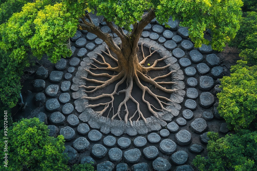 aerial view of an ancient tree its sprawling root system creating a ...