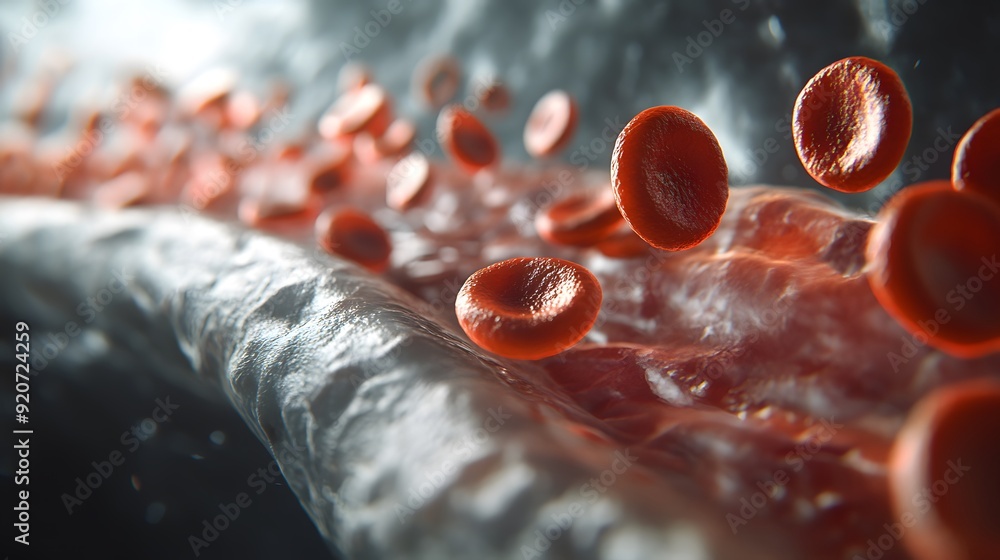 A detailed medical illustration of red blood cells moving through a ...