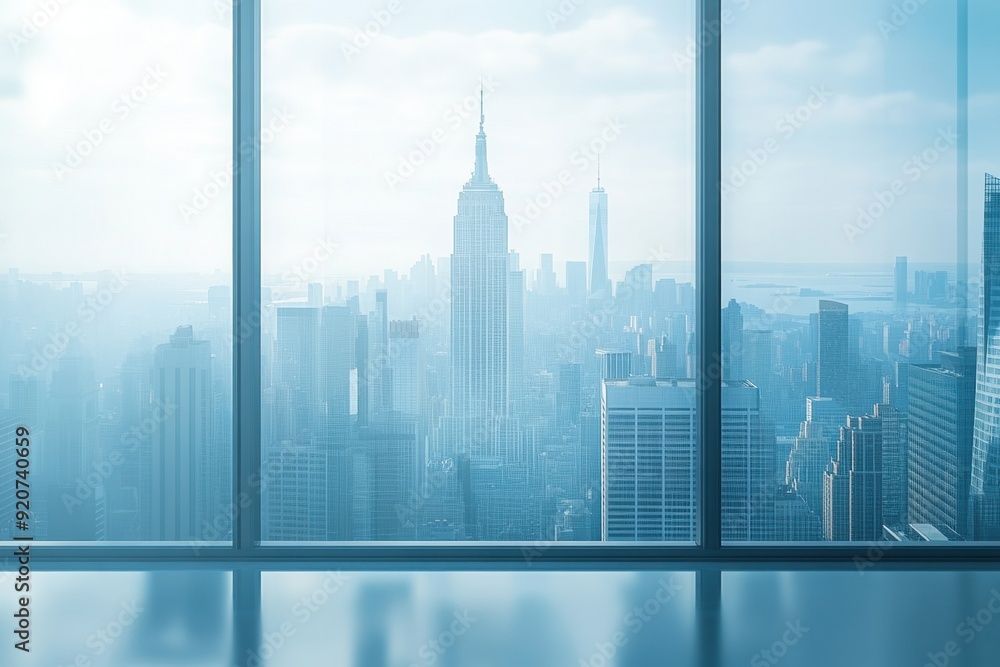 Expansive View of Urban Skyline from Office Window with Light Blue New ...
