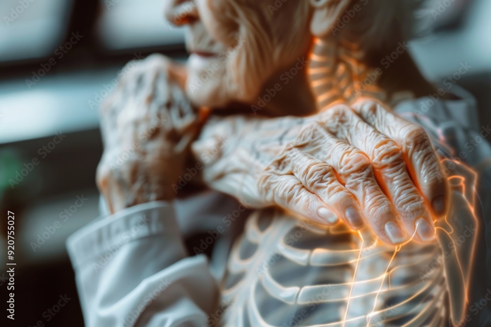 An elderly woman gently rests her hand on her neck with illuminated ...