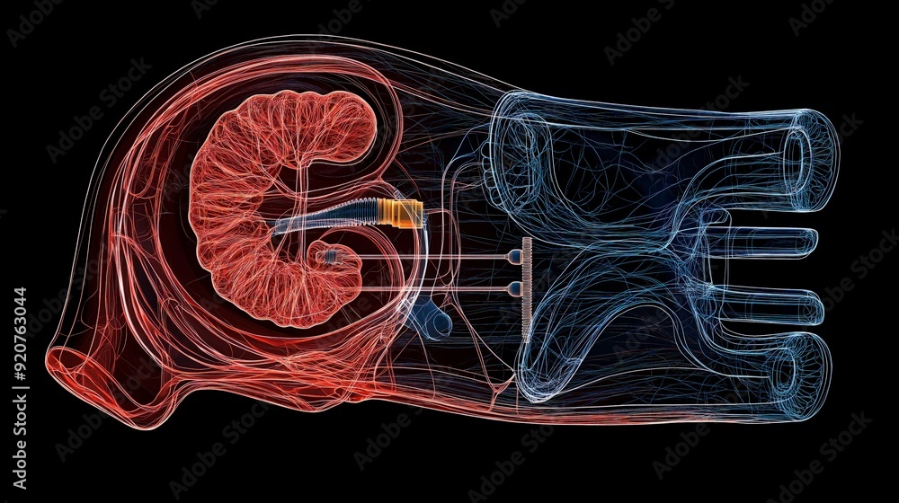 Detailed illustration of human anatomy highlighting the kidney and ...