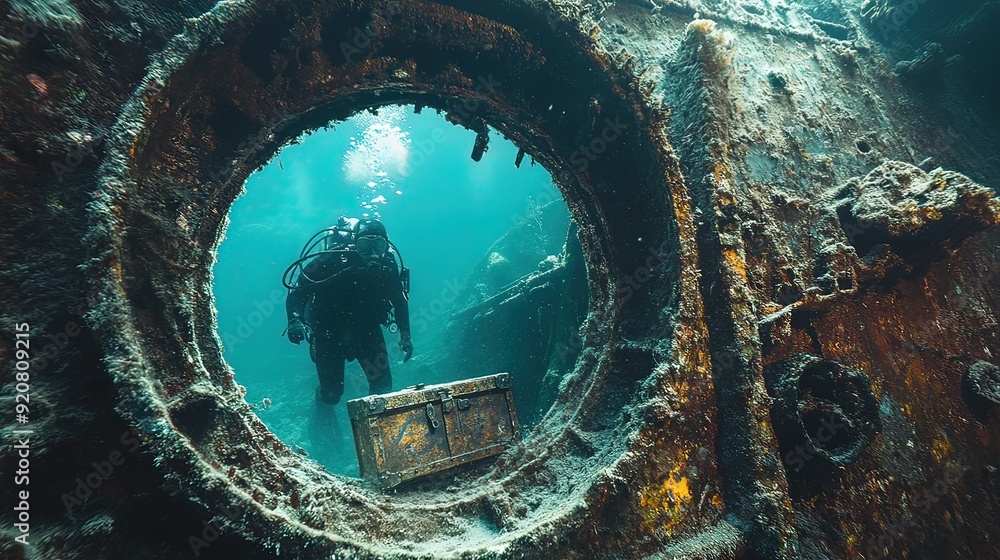 Photograph of a diver exploring a shipwreck looking for a treasure ...