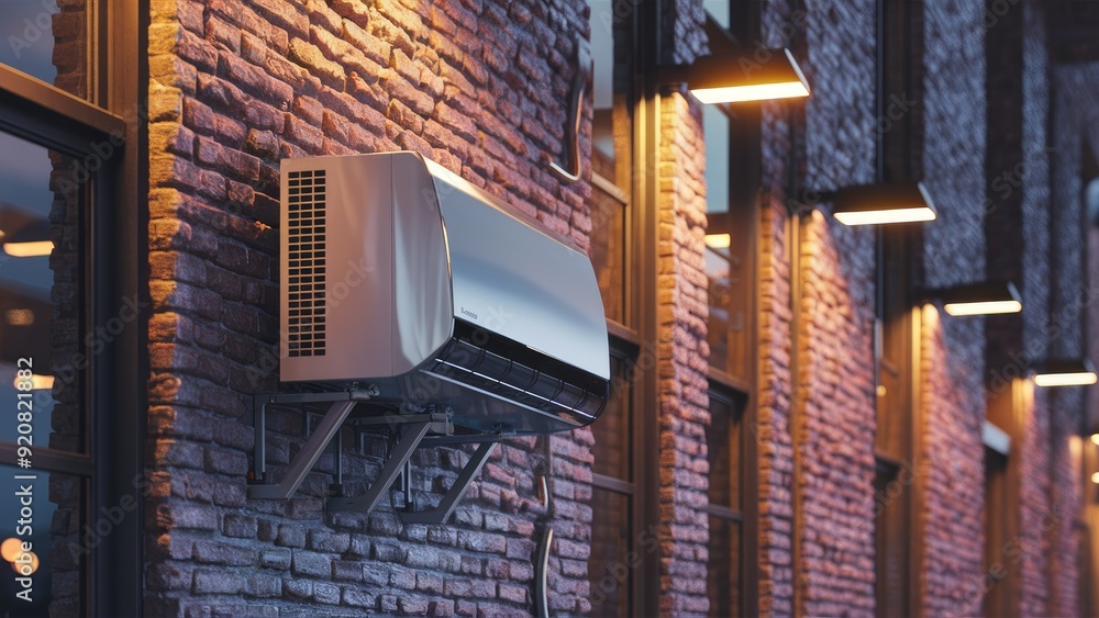 Evening Perspective of a Mounted Air Conditioning Unit on a Textured ...