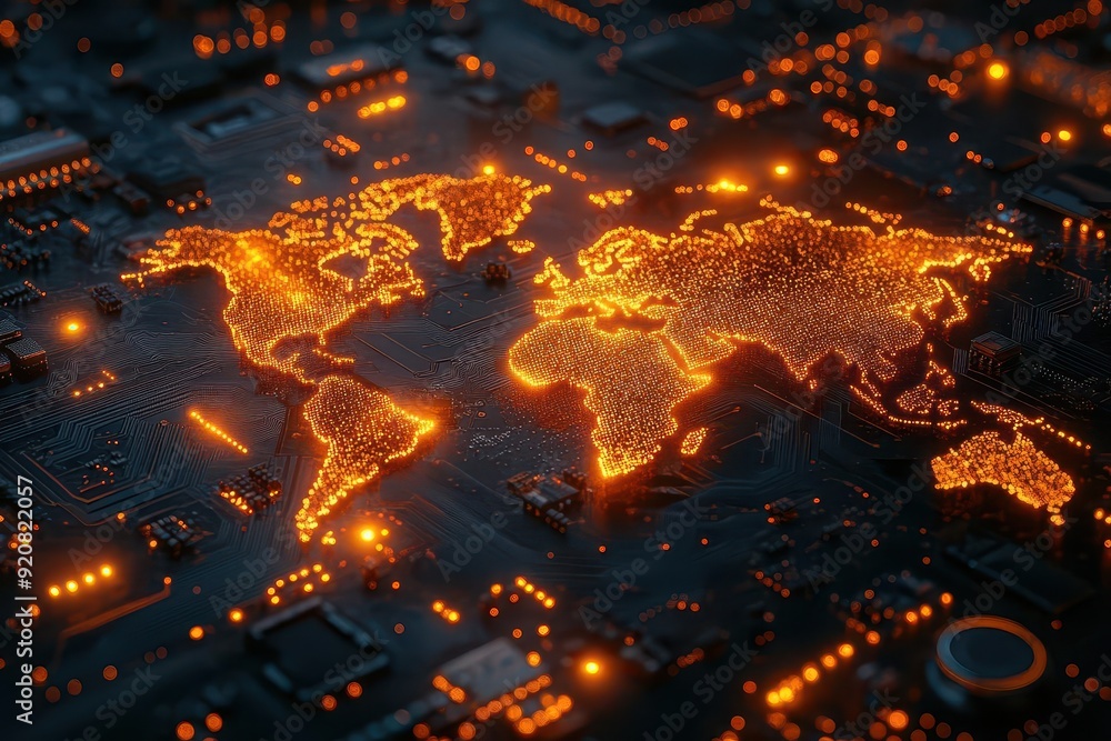 futuristic motherboard landscape glowing circuit paths forming world ...