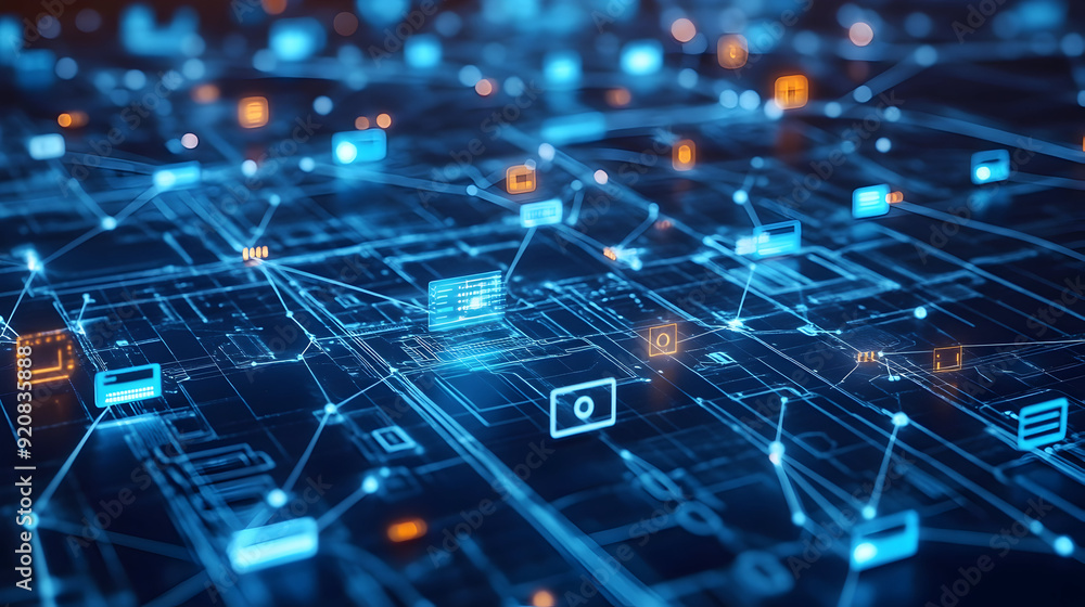 Networking and IT Connectivity - A depiction of complex networks connecting various devices and ...