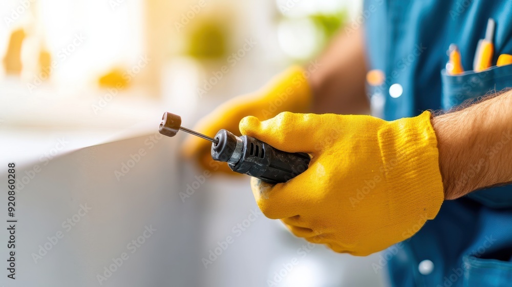 The image shows a gloved hand holding a rotary tool, working on a white ...